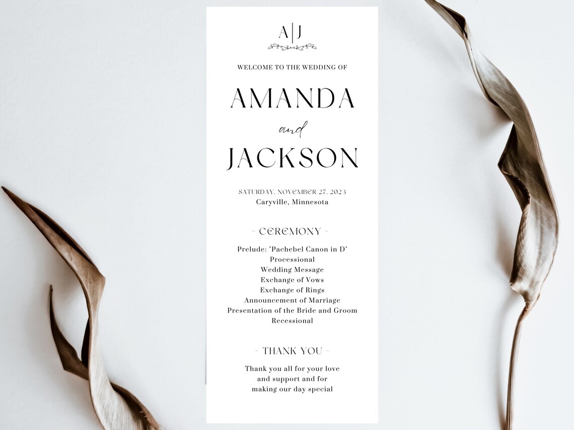 Modern Minimalist Wedding Program Template Monogram Wedding - Etsy