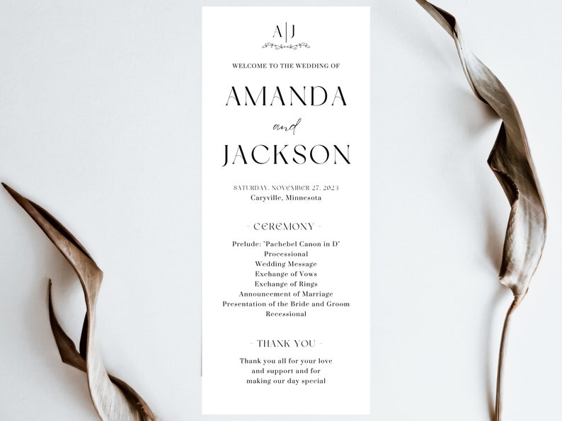 Modern Minimalist Wedding Program Template Monogram Wedding - Etsy