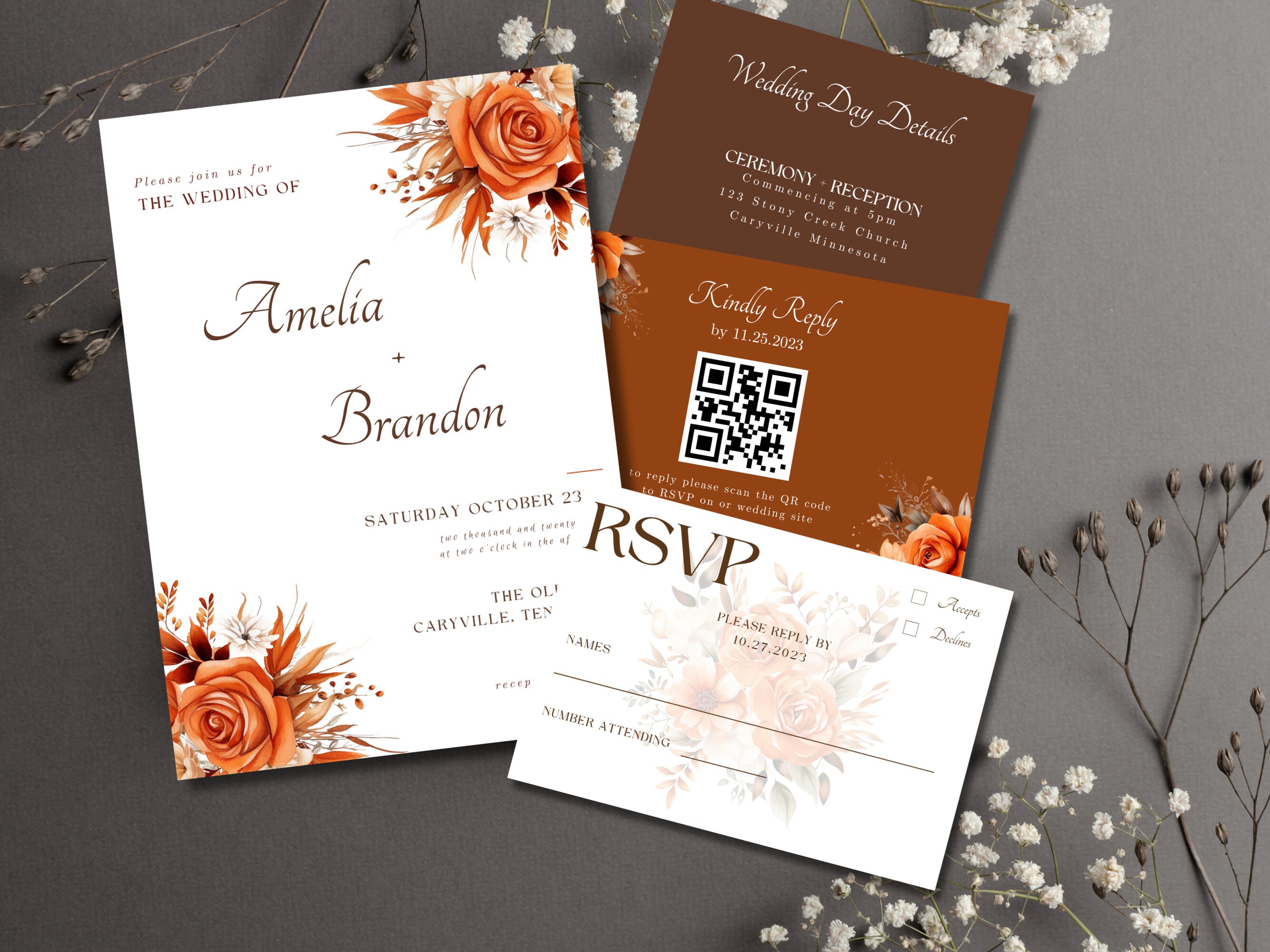 Rust Wedding Invitation Template Set | Editable Wedding Invitaton With ...