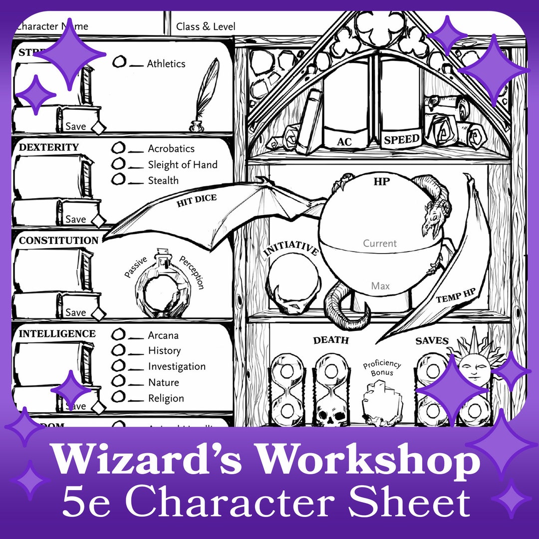 Dnd Character Sheet: Wizard's Workshop. Hand-illustrated Dark Academia ...