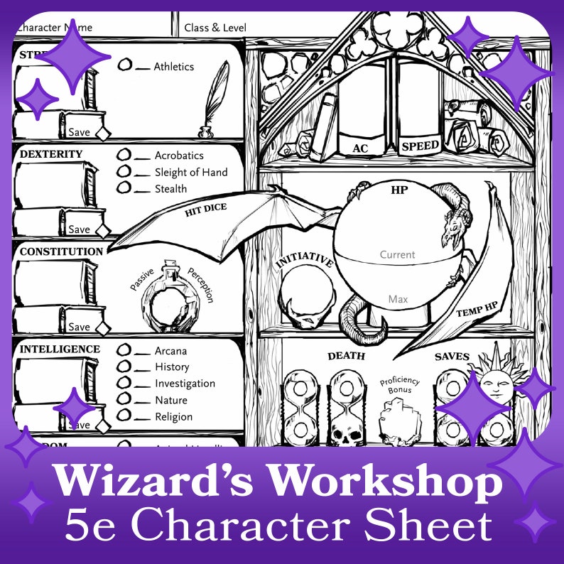 Dnd Character Sheet: Wizard's Workshop. Hand-illustrated Dark Academia-inspired 5th Edition ...