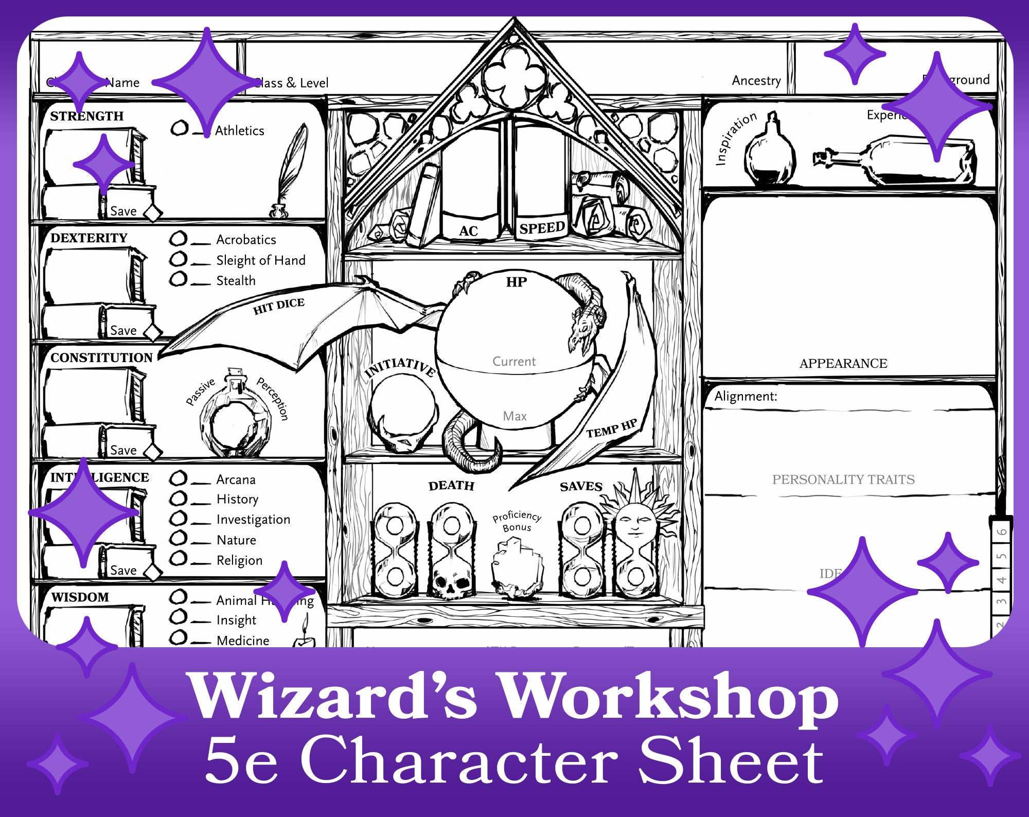 Dnd Character Sheet: Wizard's Workshop. Hand-illustrated Dark Academia ...