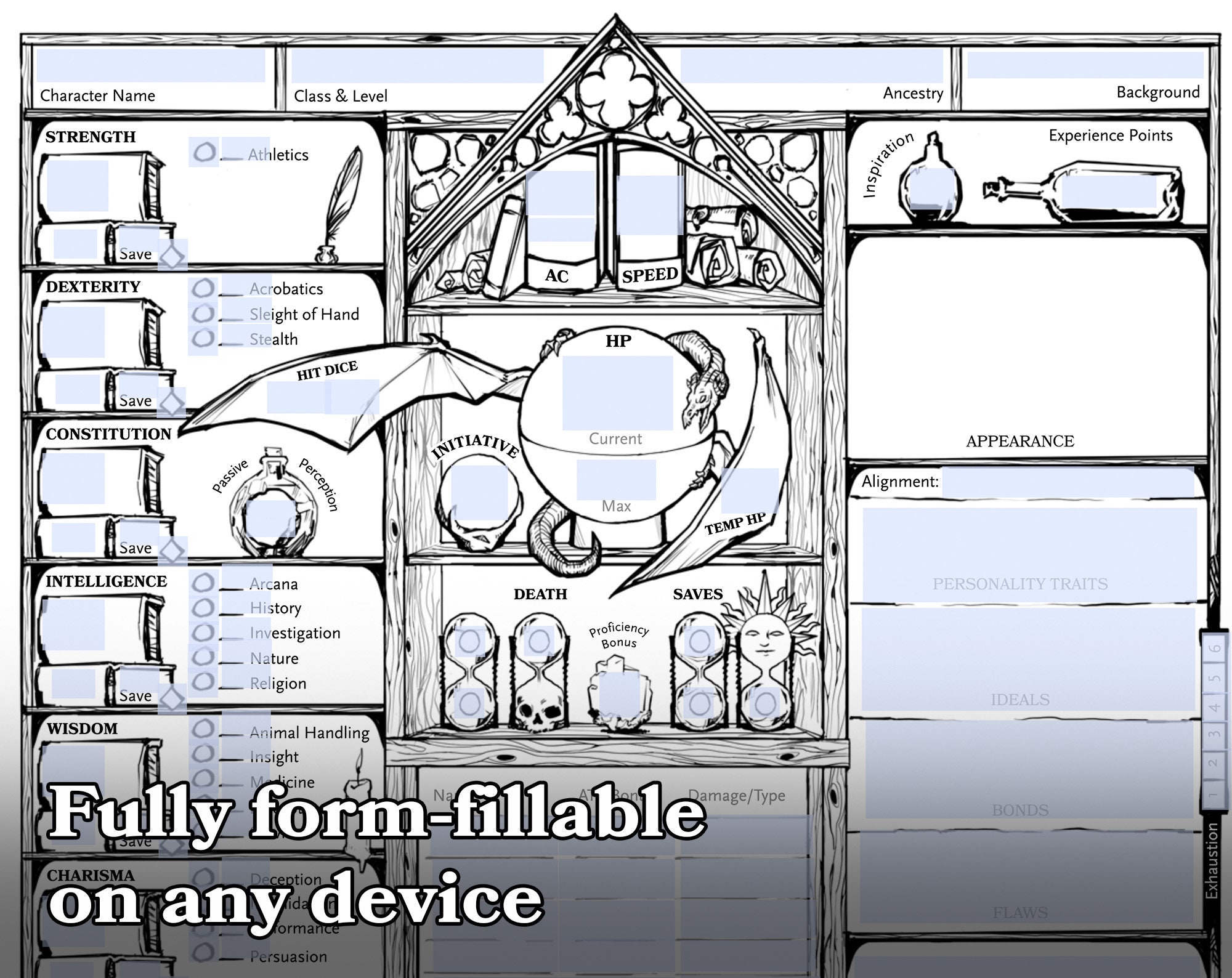Dnd Character Sheet: Wizard's Workshop. Hand-illustrated Dark Academia ...