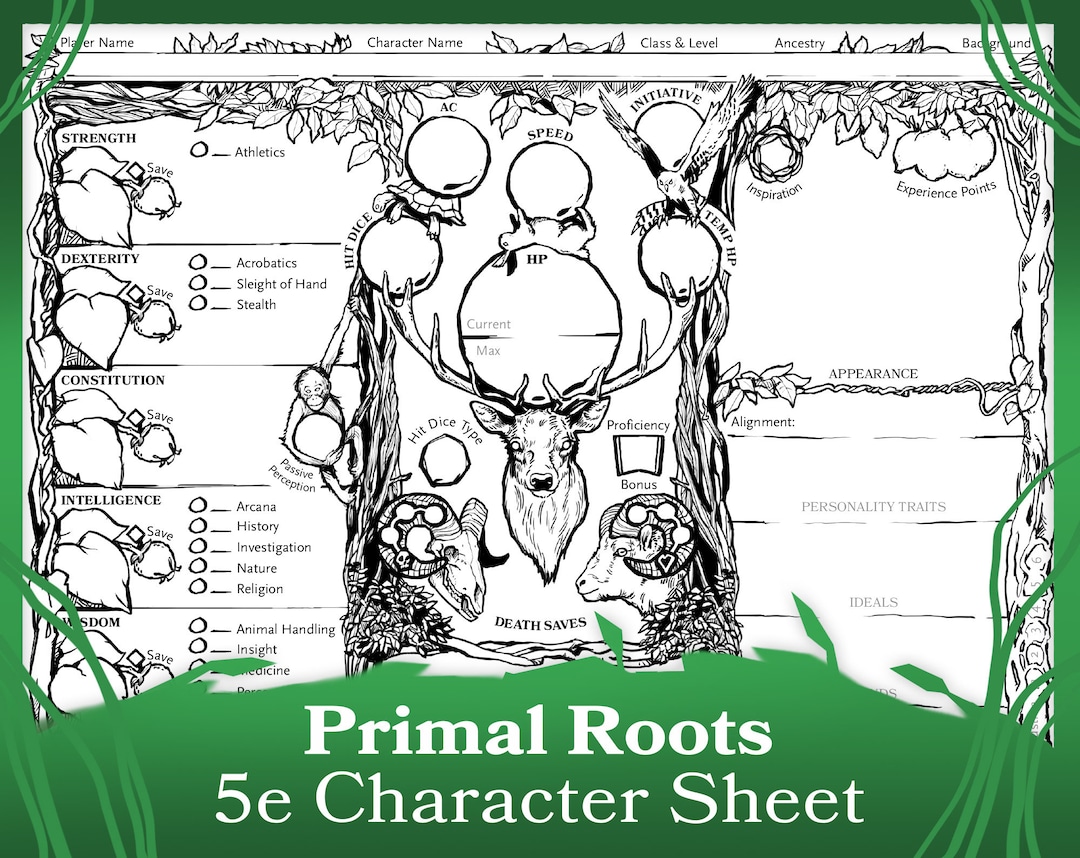Dnd Character Sheet: Primal Roots. Hand-illustrated Nature-inspired 5th ...