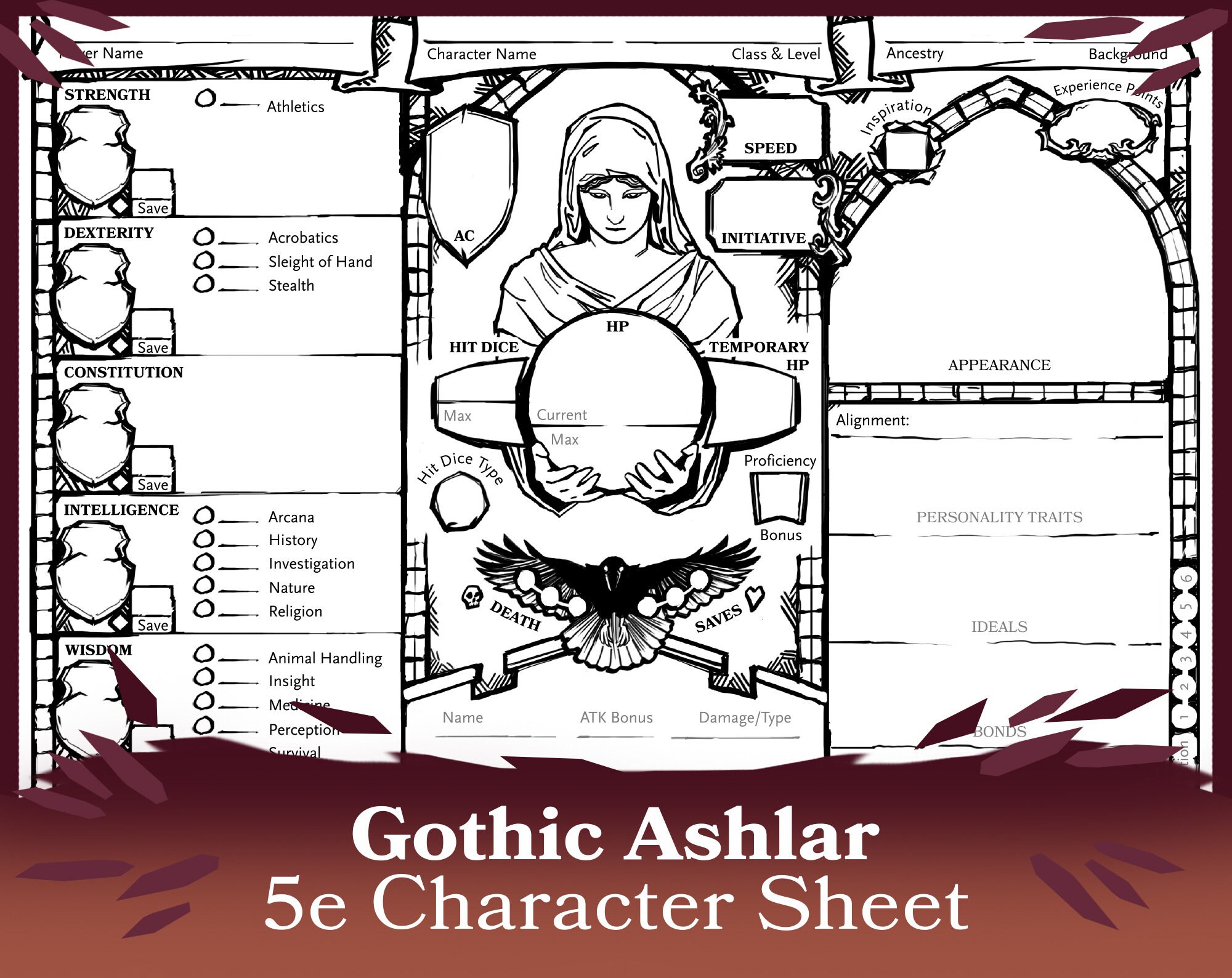 Dnd Character Sheet: Gothic Ashlar. Hand-illustrated - Etsy Canada