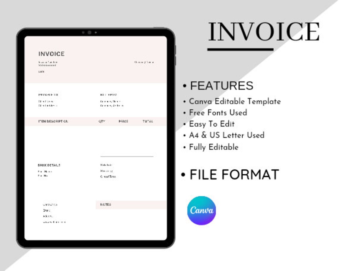 Editable Printable Invoice Template Invoice Template - Etsy