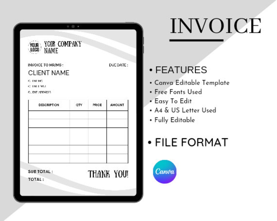 Editable Printable Invoice Template Invoice Template - Etsy