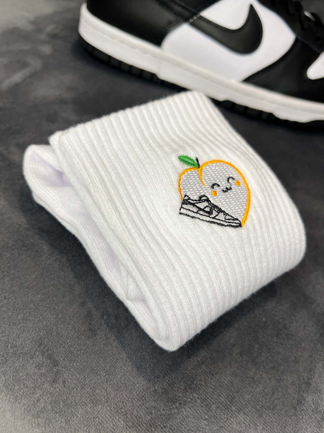 Sneaker Inspired Character Embroidered Peach Dunks Cotton Socks ...