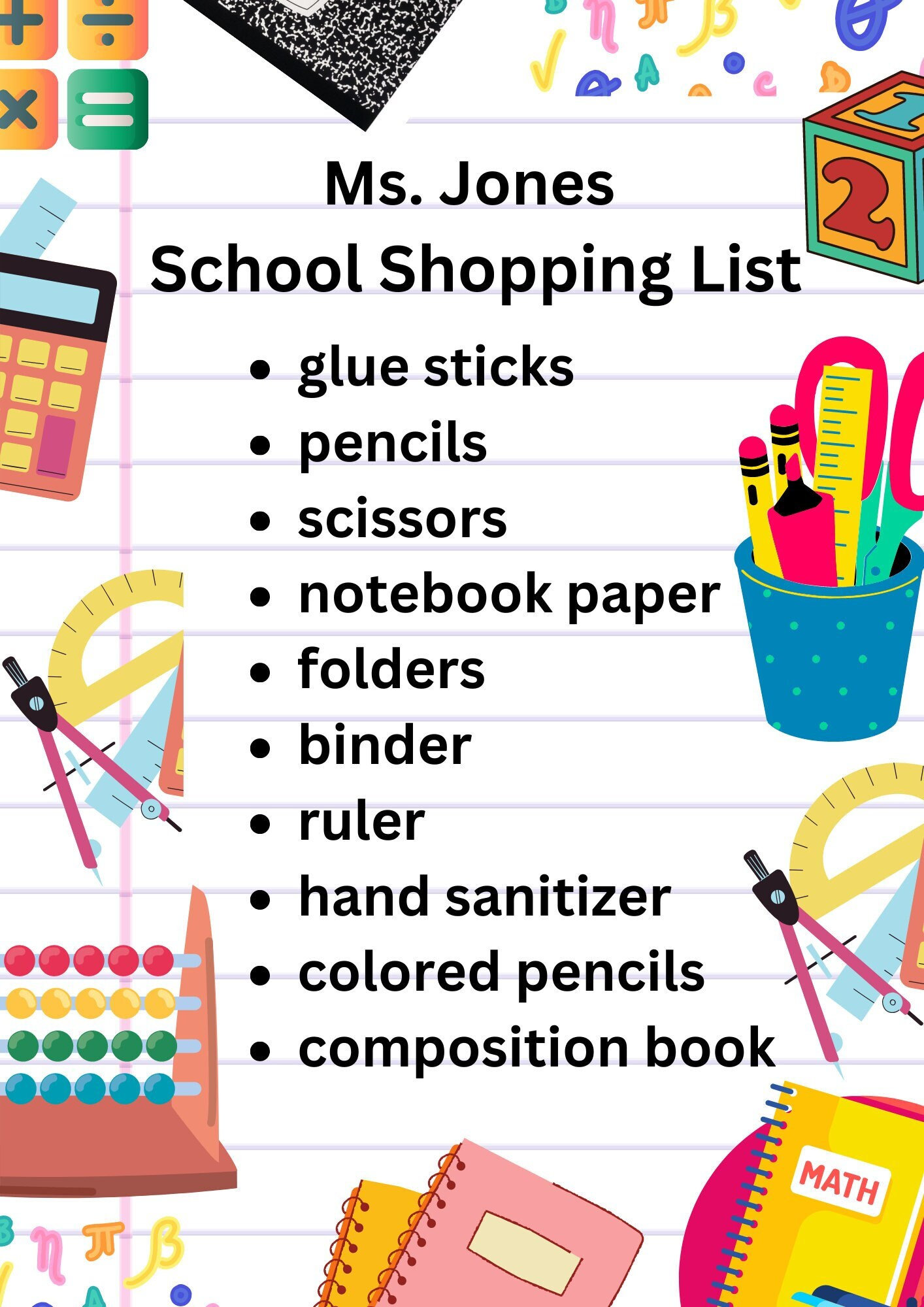 Customizable School Supply List Template (digital File) - Etsy