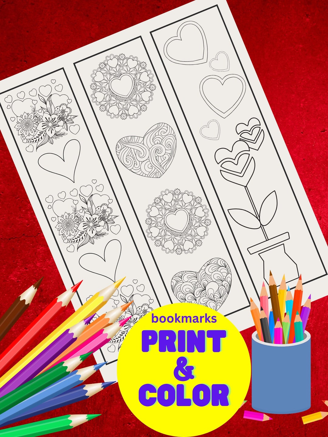 Love & Hearts Coloring Bookmarks • Instant Download • Valentine Gift ...