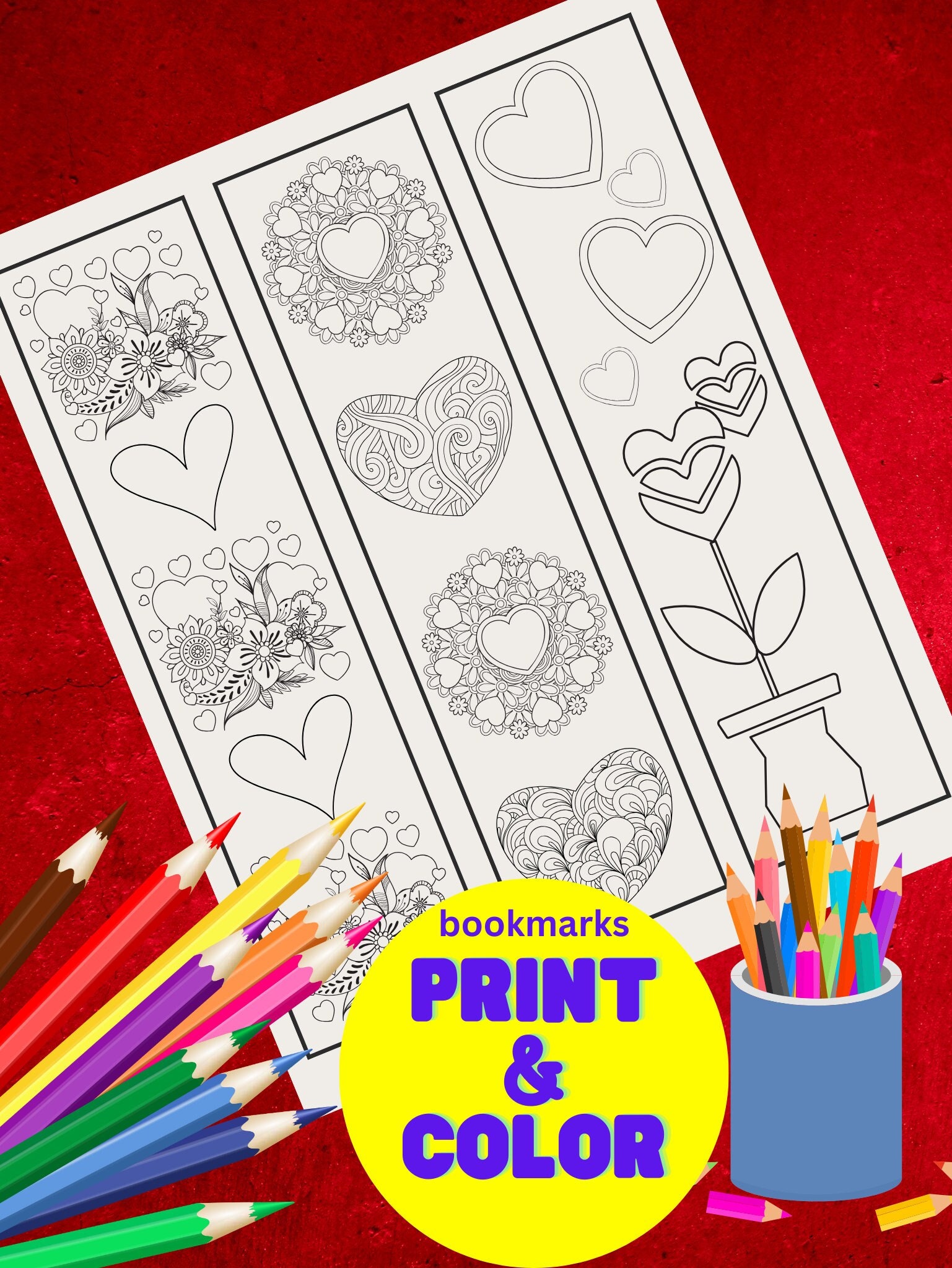 Love & Hearts Coloring Bookmarks • Instant Download • Valentine Gift ...