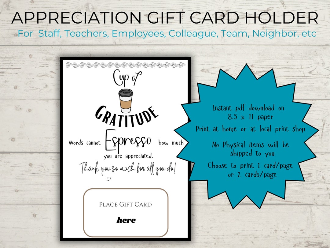 Appreciation Printable Coffee Gift Card Holder, Teacher Appreciation ...