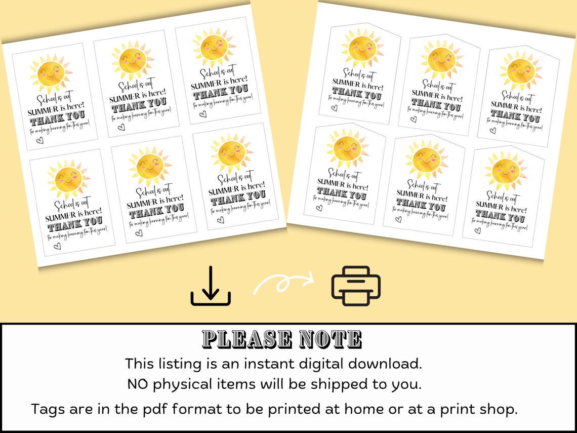 Summer Teacher Appreciation Gift Tag, Sunshine Thank You Tag, Instant ...