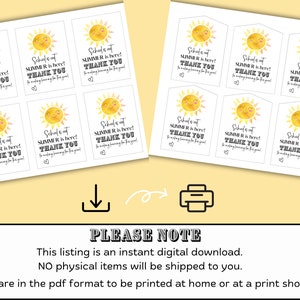 Summer Teacher Appreciation Gift Tag, Sunshine Thank You Tag, Instant ...