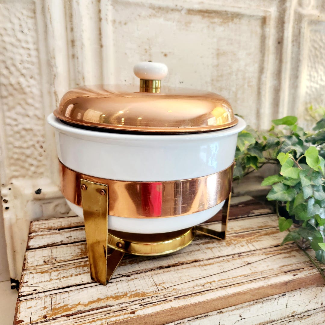 Vintage Fondue Pot I Chafing Dish I Copper Tone, Porcelain and Brass I ...