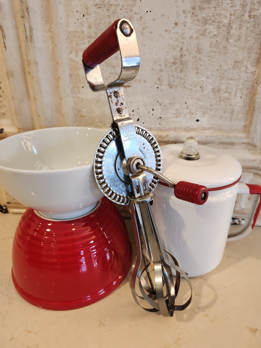 Vintage Hand Mixer I Red Bakelite Accents I Farmhouse Kitchen Mixer I ...