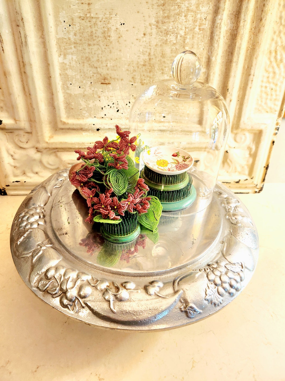 Pewter Cake Stand I Silver Pedestal Serving I Fruit Motif I Cloche Base ...