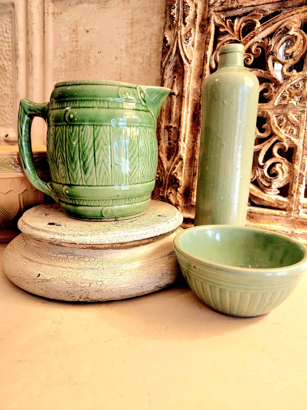 Vintage Green Stoneware Milk Pitcher I Gorgeous Detailing I Small Green ...