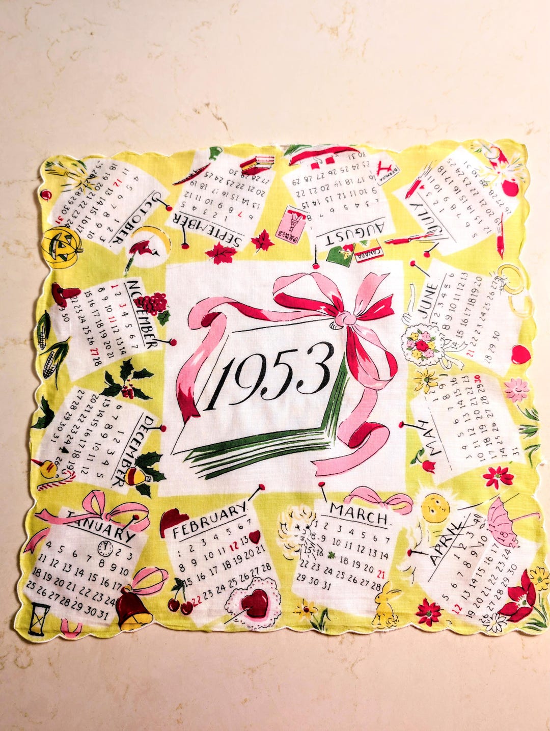Vintage 1953 Hankie I 1950s Cotton Handkerchief I Great Graphics I ...