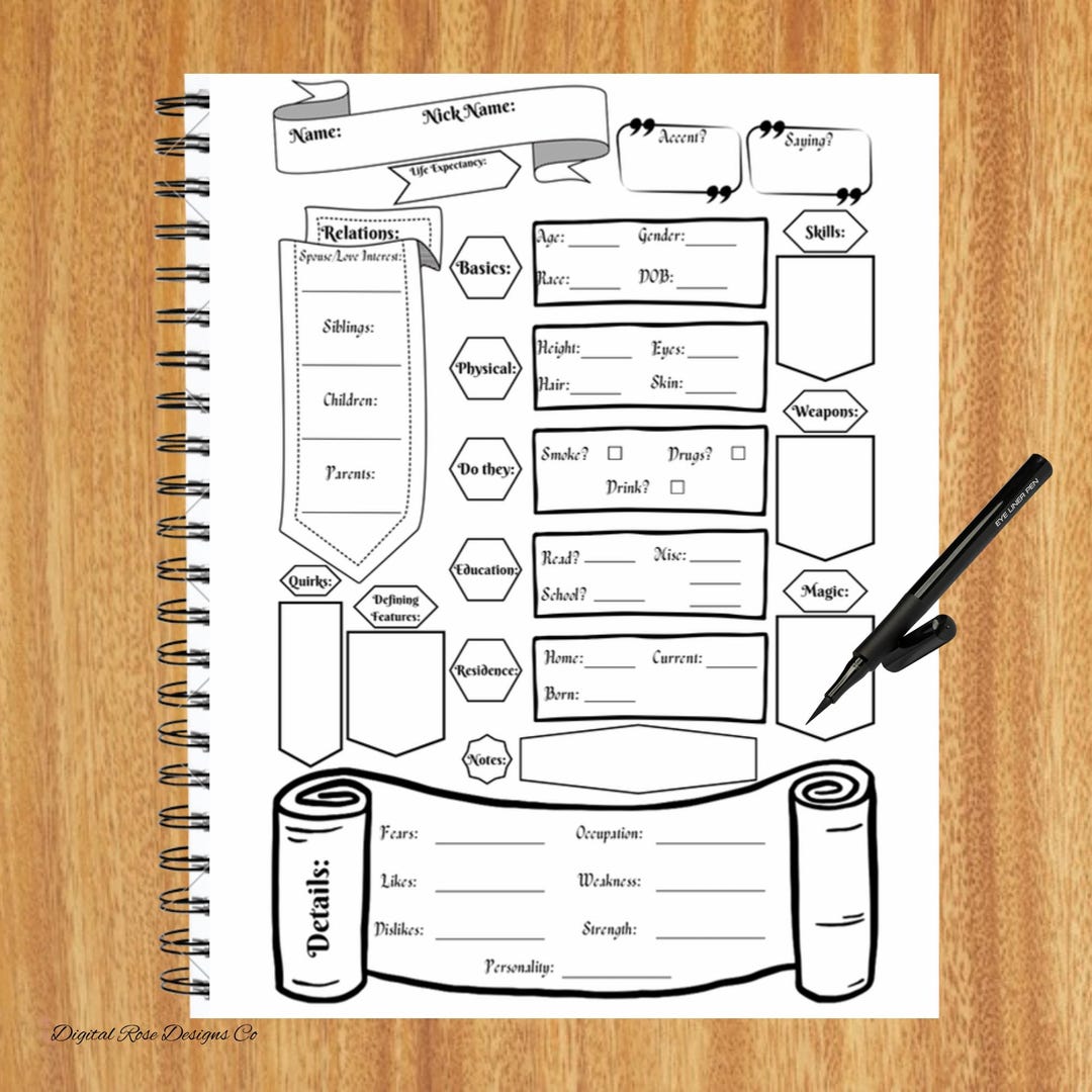 Dungeons and Dragons Inspired Character Sheet for Writing/ D&D Inspired ...