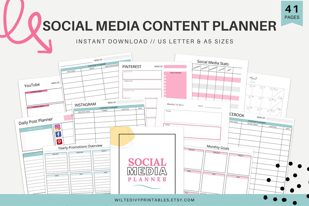 Social Media Content Printable Planner, US Letter and A5, Digital ...