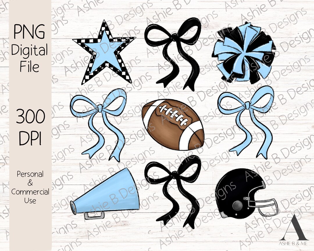 Football Bow Collage PNG, Black and Light Blue Coquette Bow Football ...