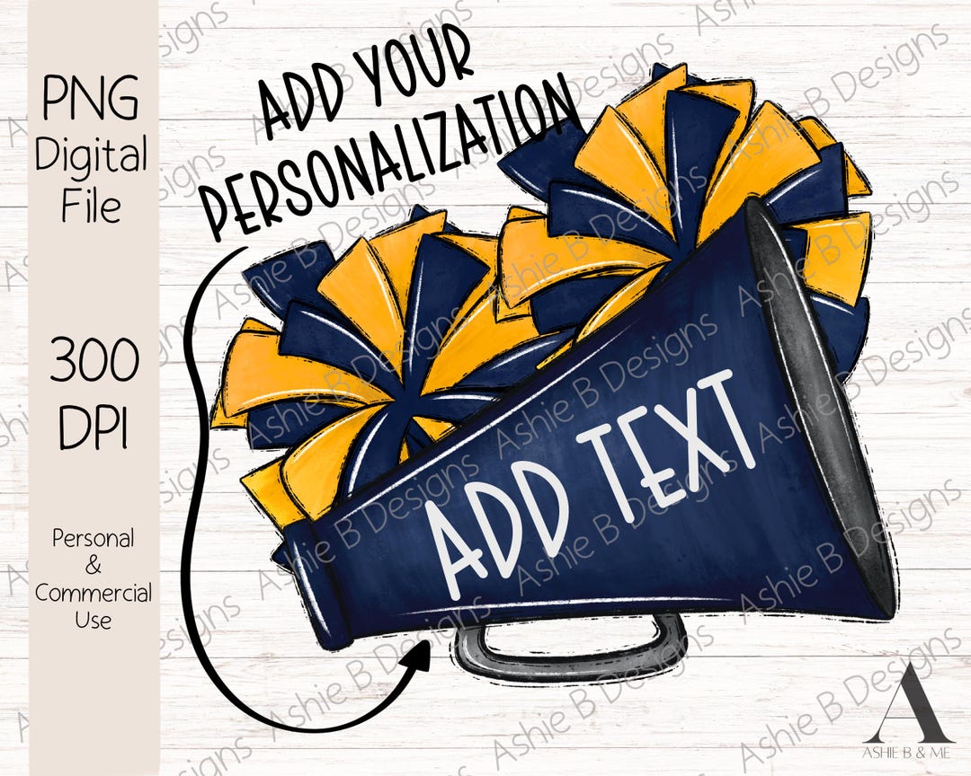 Cheer Megaphone Pom Pom PNG, Navy and Gold Cheer Sublimation Tshirt ...