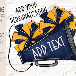 Cheer Megaphone Pom Pom PNG, Navy and Gold Cheer Sublimation Tshirt ...