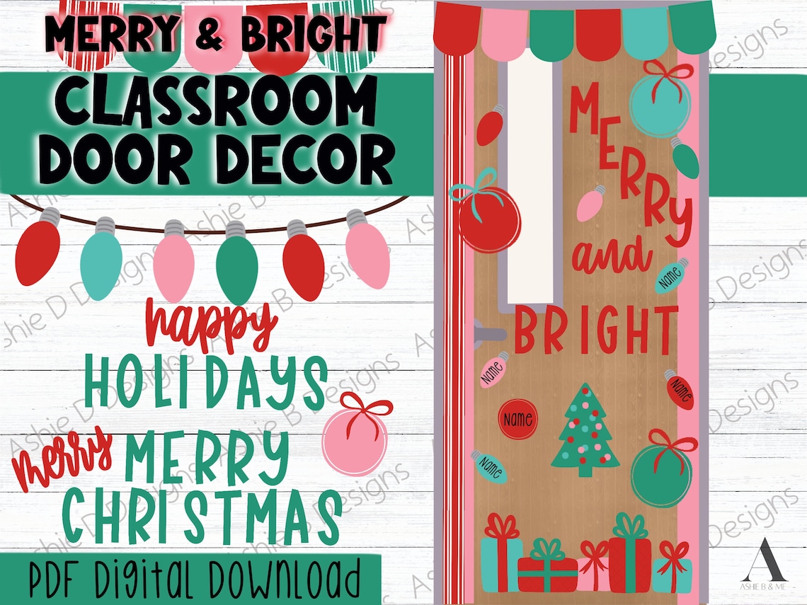 Classroom Door Decor, Merry and Bright Christmas Bulletin Board Kit ...