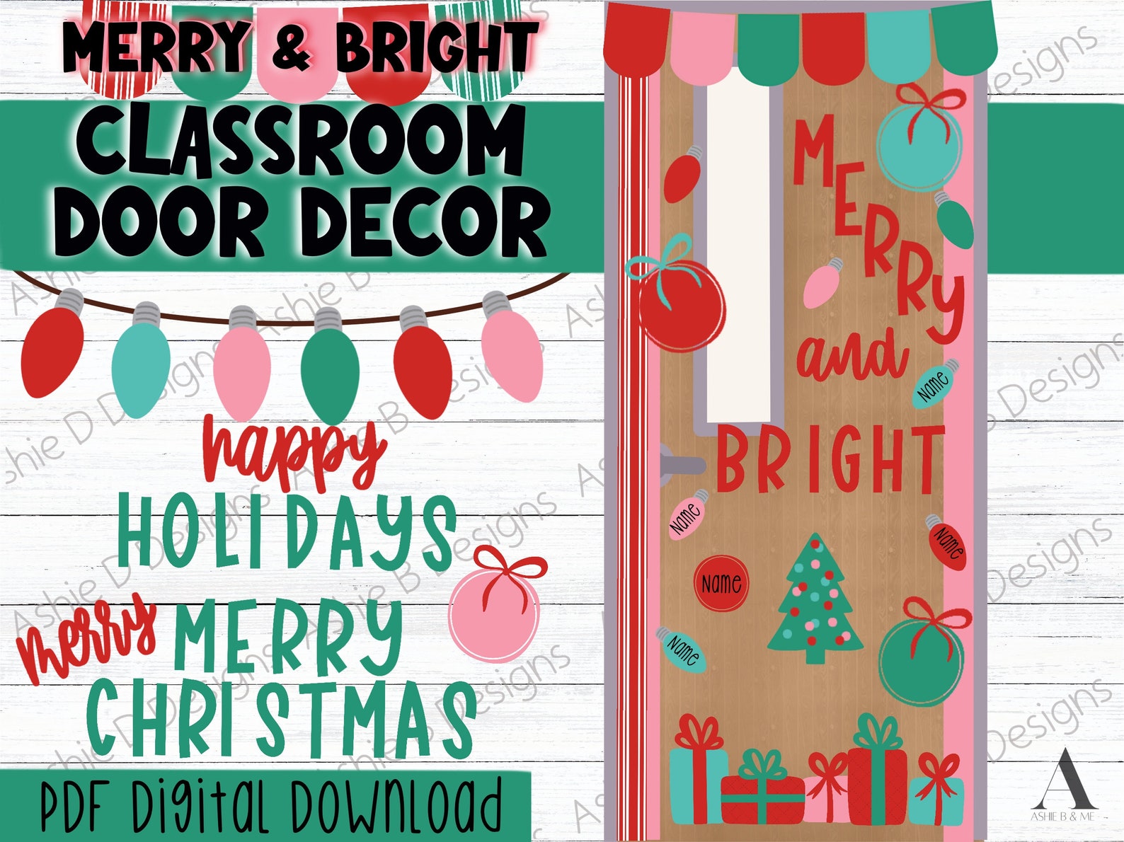 Classroom Door Decor, Merry and Bright Christmas Bulletin Board Kit ...