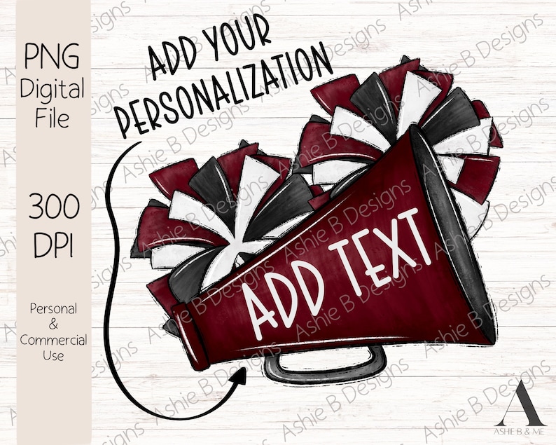 Cheer Megaphone Pom Pom PNG, Maroon Cheer Sublimation T-shirt Design ...