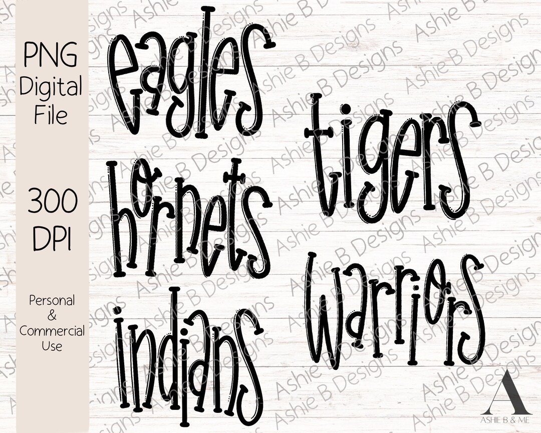 Hand Drawn Mascot Names PNG Bundle, Eagles, Hornets, Indians, Tigers ...