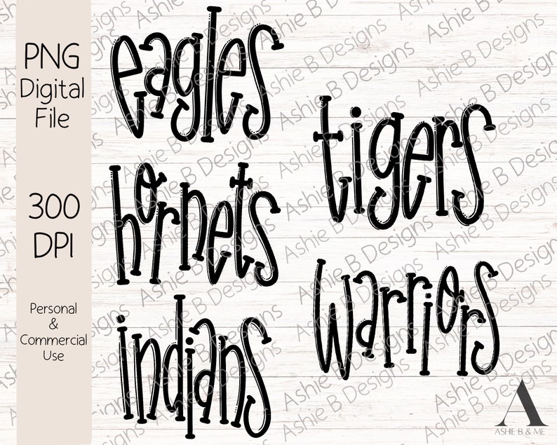 Hand Drawn Mascot Names PNG Bundle, Eagles, Hornets, Indians, Tigers ...