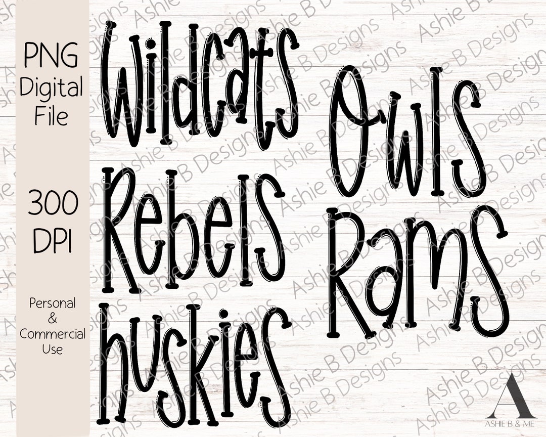 Hand Drawn Mascot Names PNG Bundle, Wildcats, Rebels, Owls, Rams ...
