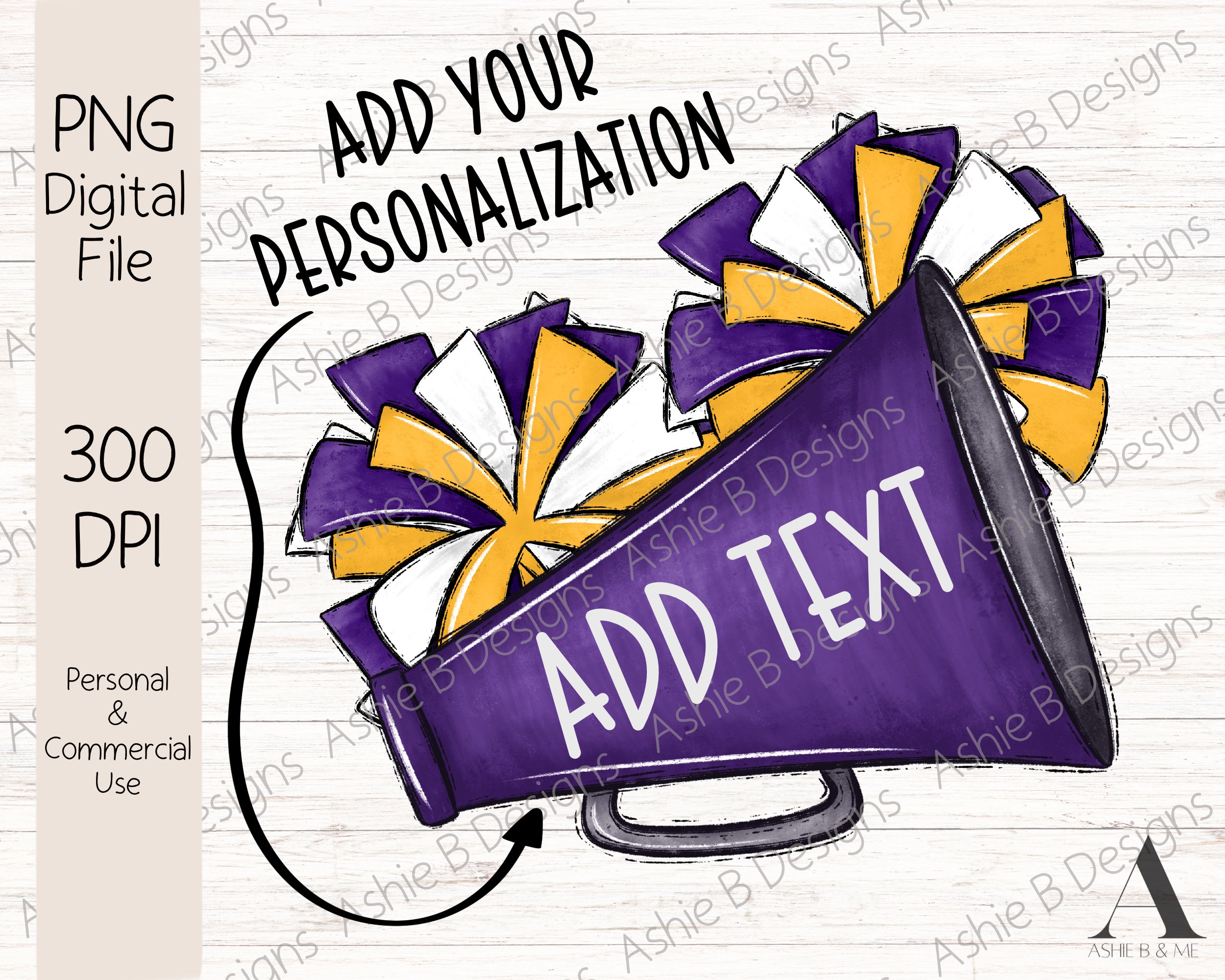 Cheer Megaphone Pom Pom PNG, Yellow Gold and Purple Cheer Sublimation ...