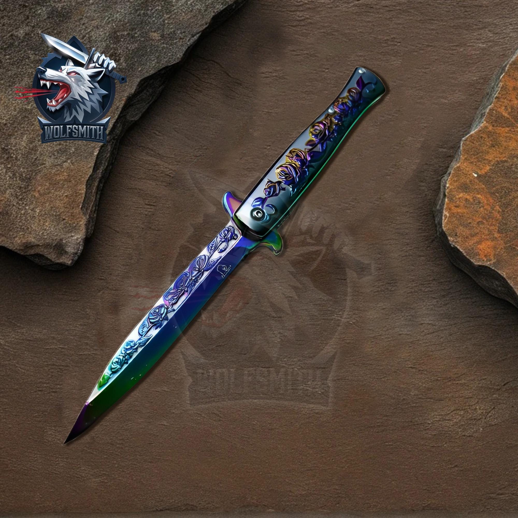 9" Rainbow Rose Flower Milano Spring Assisted Tactical Fantasy Knife ...