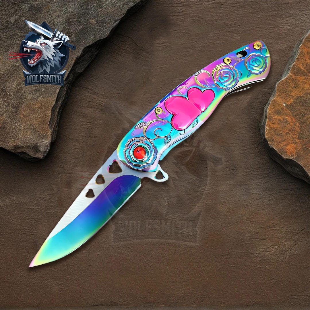 Ladies Cupid Fantasy Heart Flower Red Eye 6" Valentine Day Pocket Knife ...