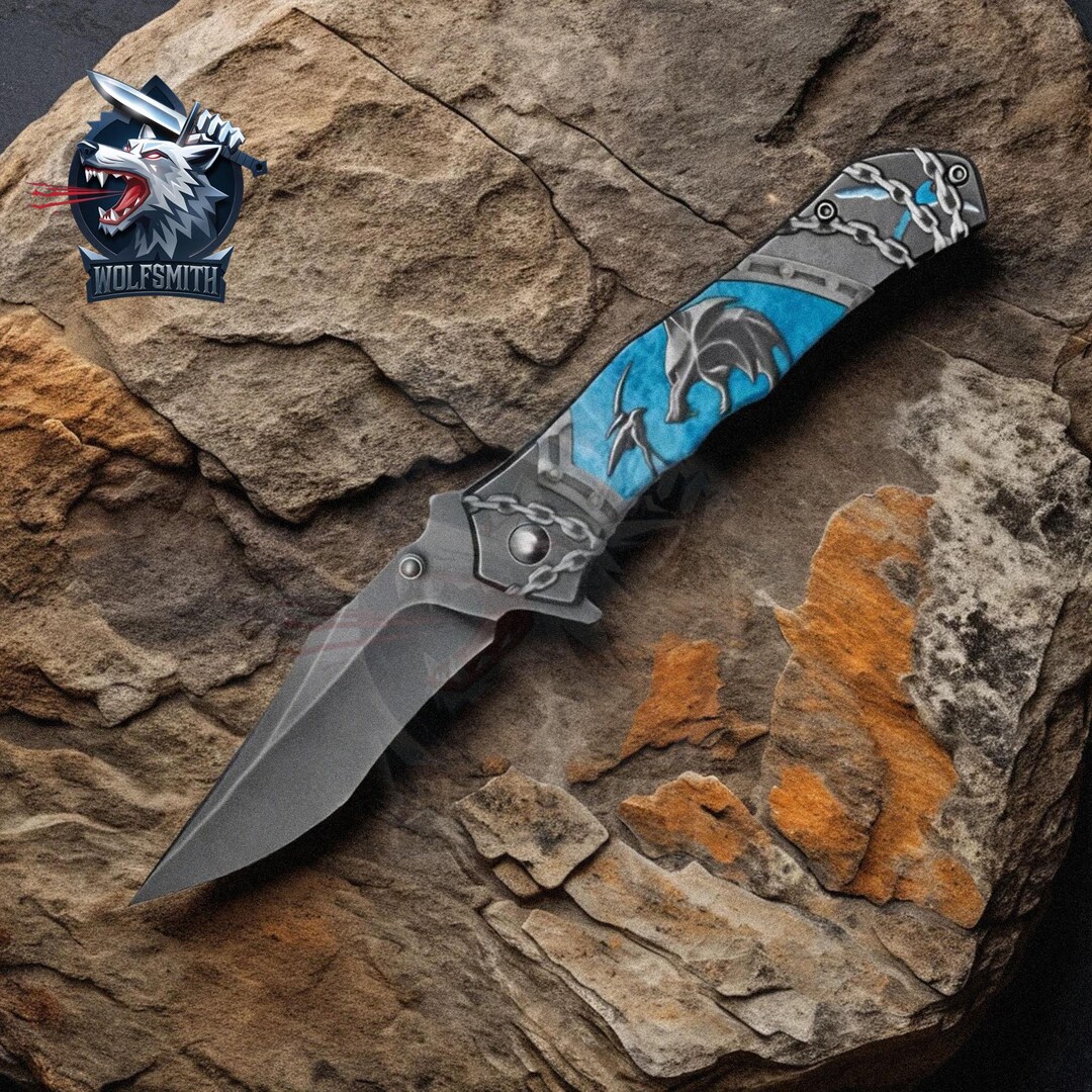 8.5" Best Stonewash Witcher Wolf Knife Hunting Folding Knife for Father ...