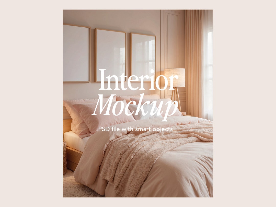 Pastel Bedroom Frame Mockup | 3 Frames Gallery Wall | Smart Object | Soft Aesthetic Interior ...