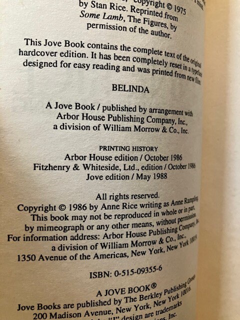 Anne Rice Belinda as Anne Rampling Vintage Jove Edition Paperback 1988 ...