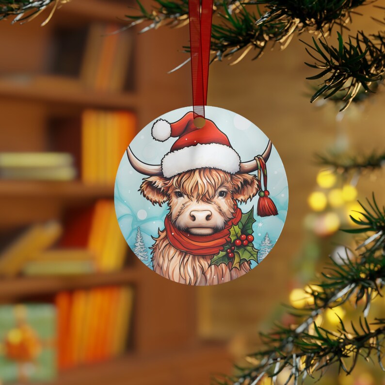 Highland Cow Ornament, Christmas Cow With Santa Hat Decoration, Funny ...