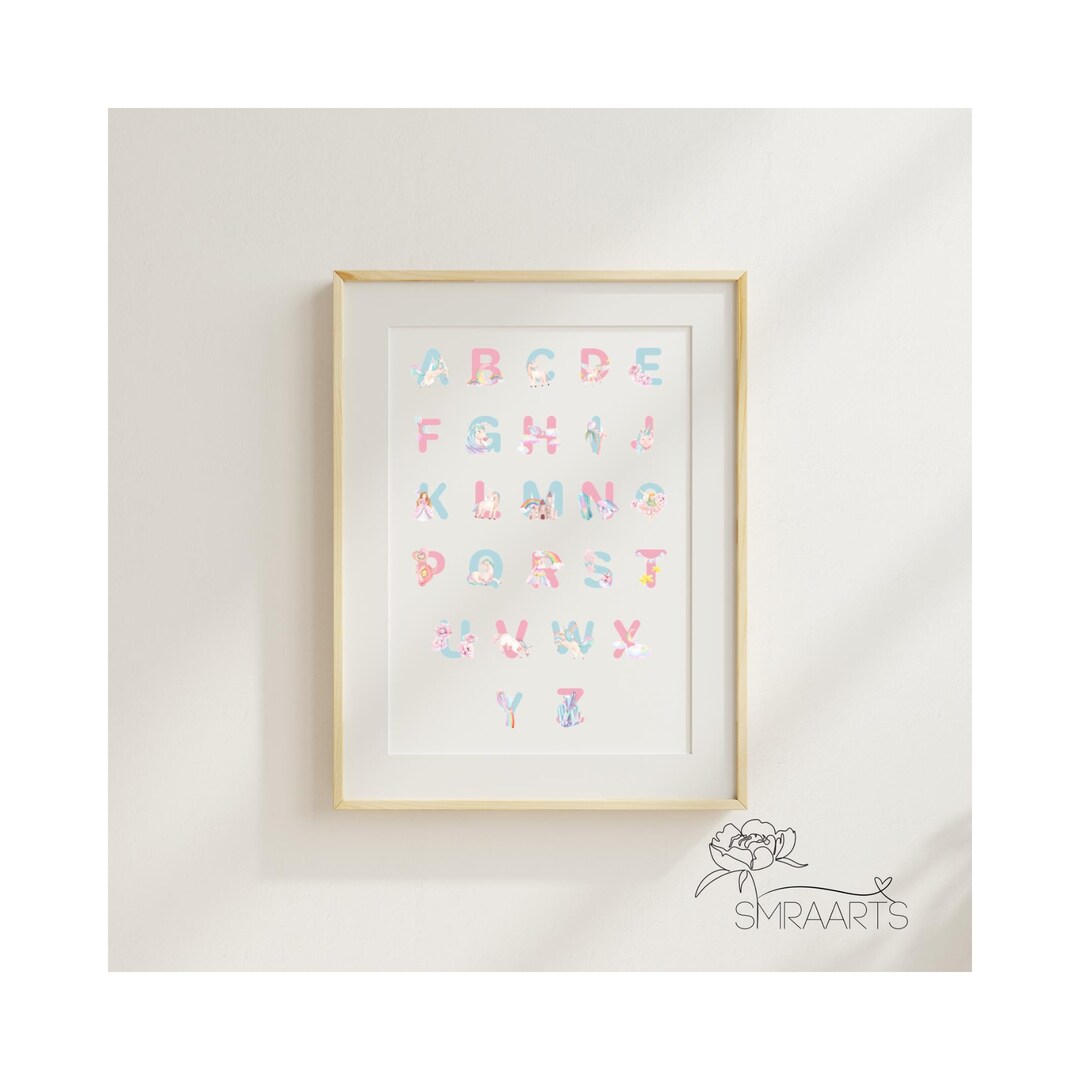 Colourful Pastel Magical Alphabet Poster Unicorn Wall Art Girl Room ...