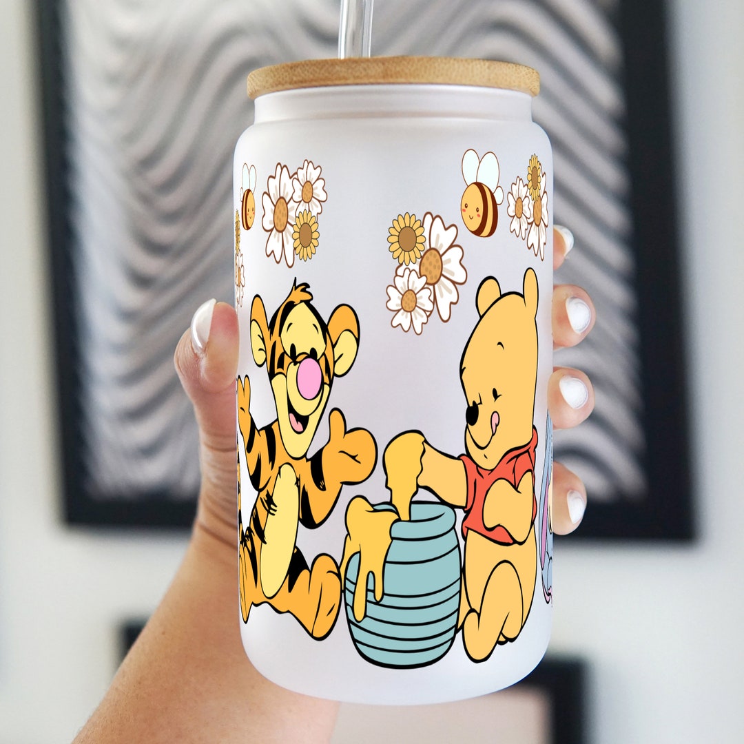 Pooh Bear Glass Cup With Lid and Straw, Winnie Glass Tumbler Iced ...