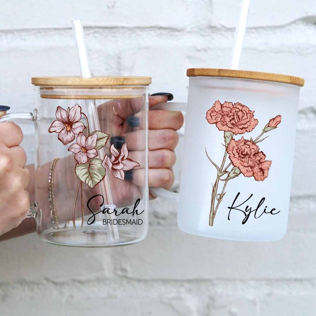 Birth Flower Mug, Personalized Floral Glass Coffee Cup With Name ...