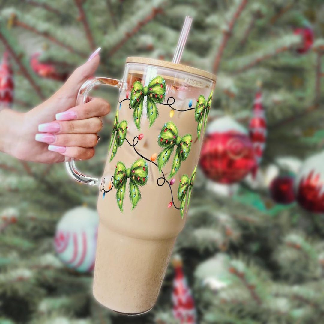 Sip Sip Hooray Green Furry Christmas 16oz Glass Cup With Lid and Straw ...
