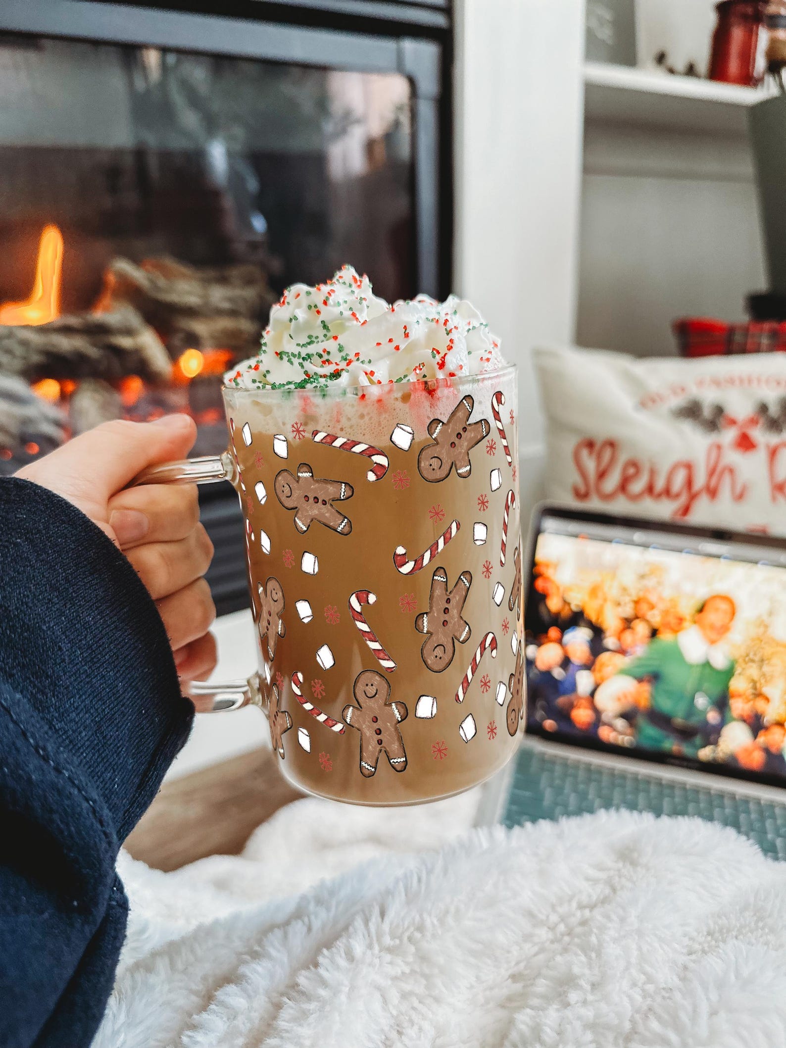 Gingerbread Mug Christmas Lover Cup, Iced Coffee Glass Tumbler With Lid ...