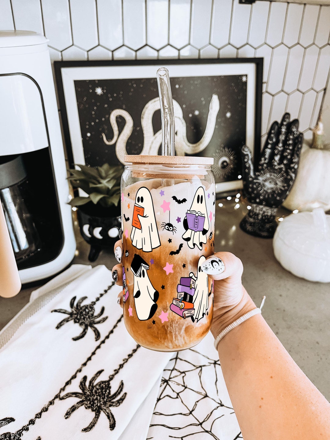 Ghost Reading Iced Coffee Cup: Spooky Halloween Tumbler With Lid ...
