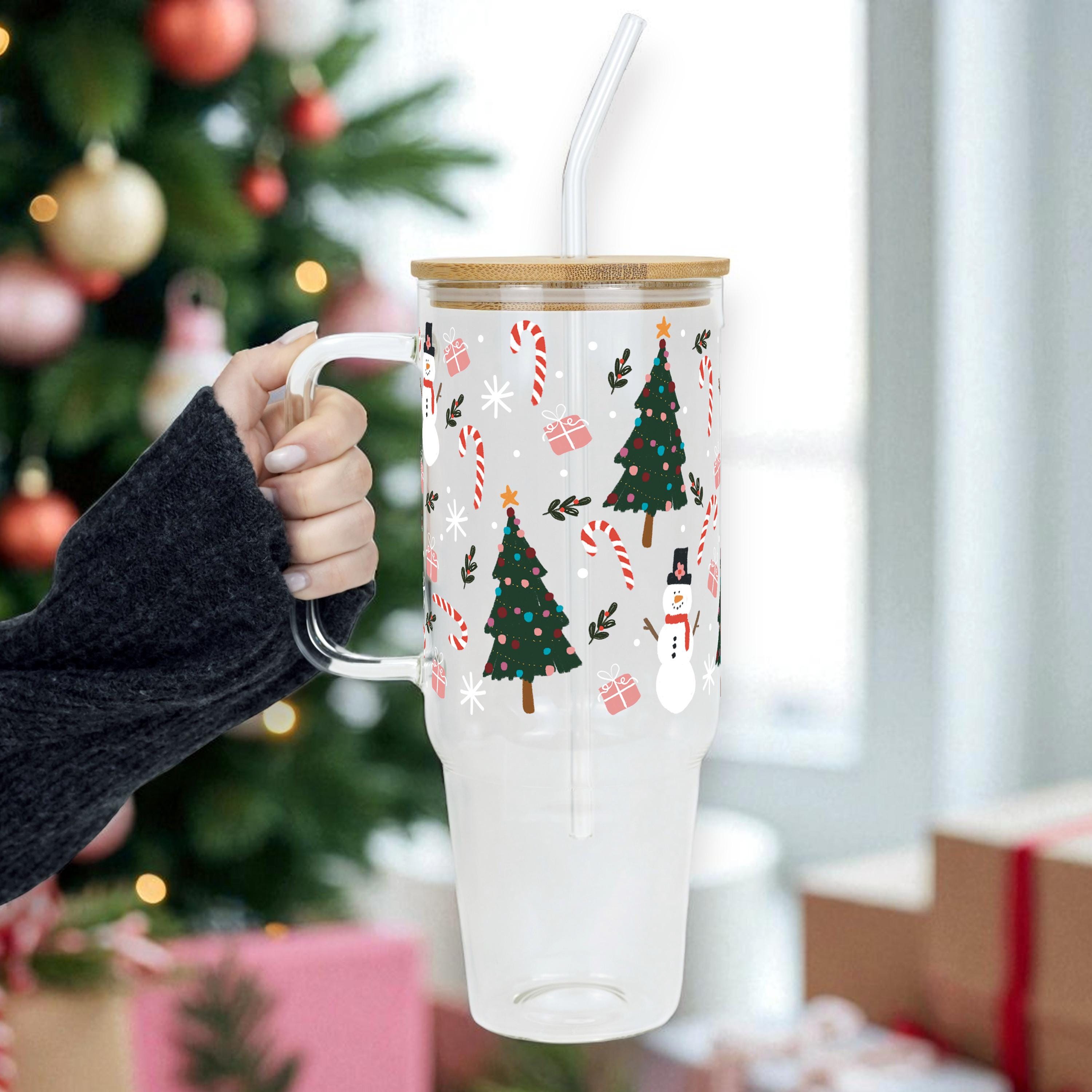 Jolly Christmas Glass Cup With Straw, Cozy Winter Holiday Snowman Mug ...