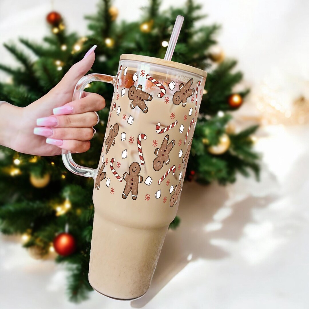 Gingerbread Mug Christmas Lover Cup, Iced Coffee Glass Tumbler With Lid ...