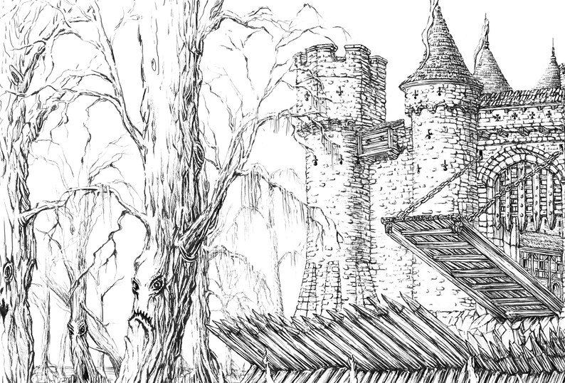 PRINTABLE COLORING PAGE fantasy Fortress A3 Size Detailed, Hand-drawn ...